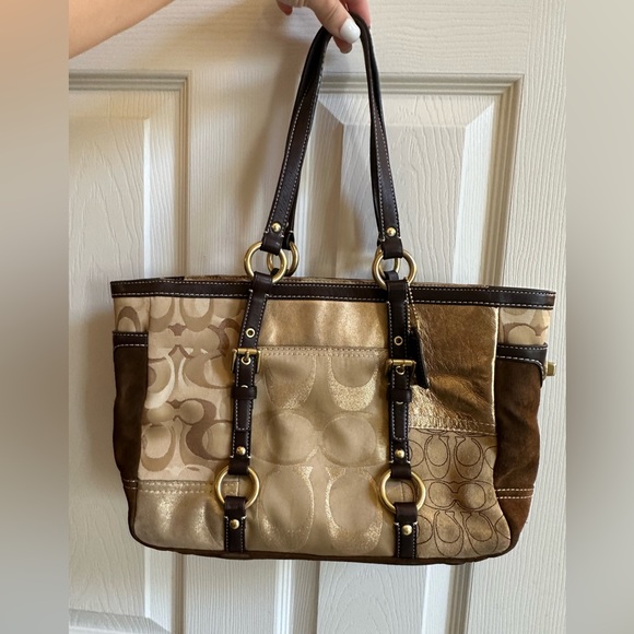 Coach | Bags | Coach Brown Gold Suede Leather Patchwork Metallic Tote ...